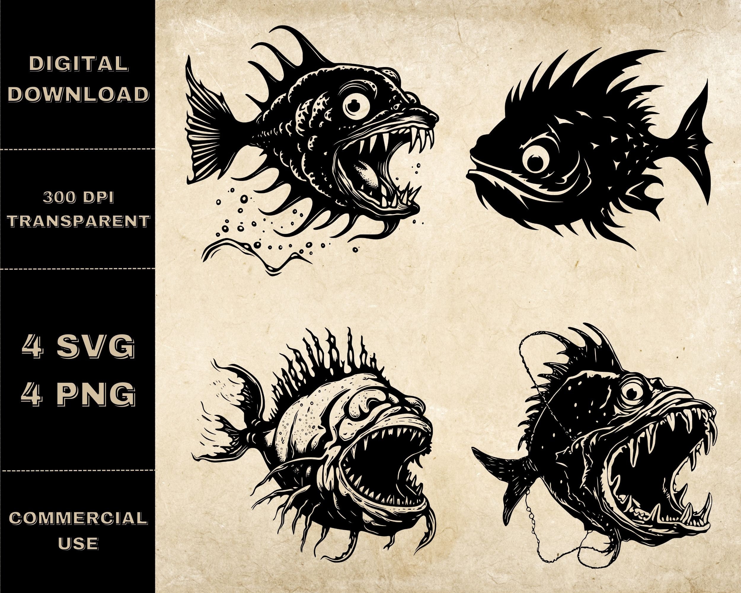 Anglerfish SVG Bundle PNG Angler Fish Clipart Hand Drawn - Etsy