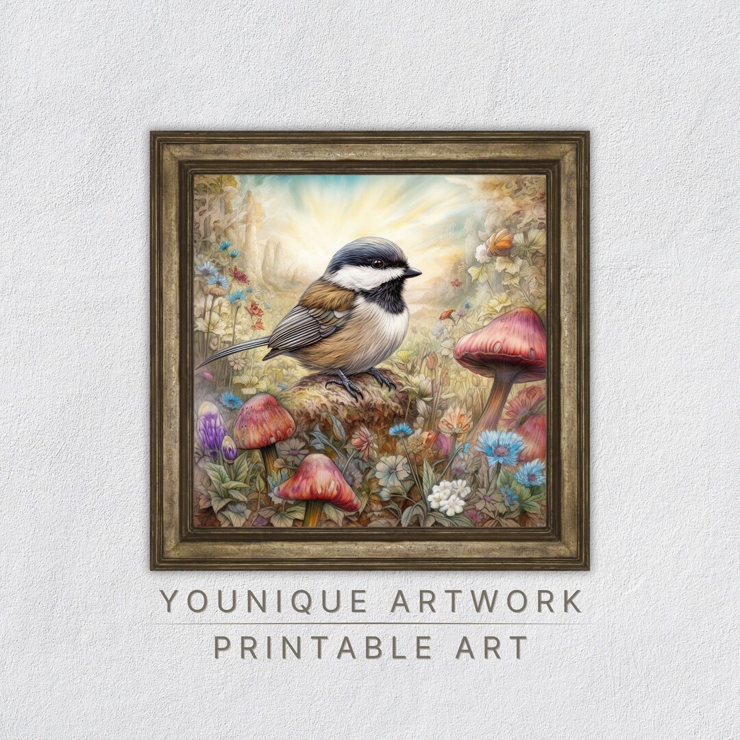 Chickadee Print, Colorful Bird Printable Wall Art, Birds and Mushrooms ...