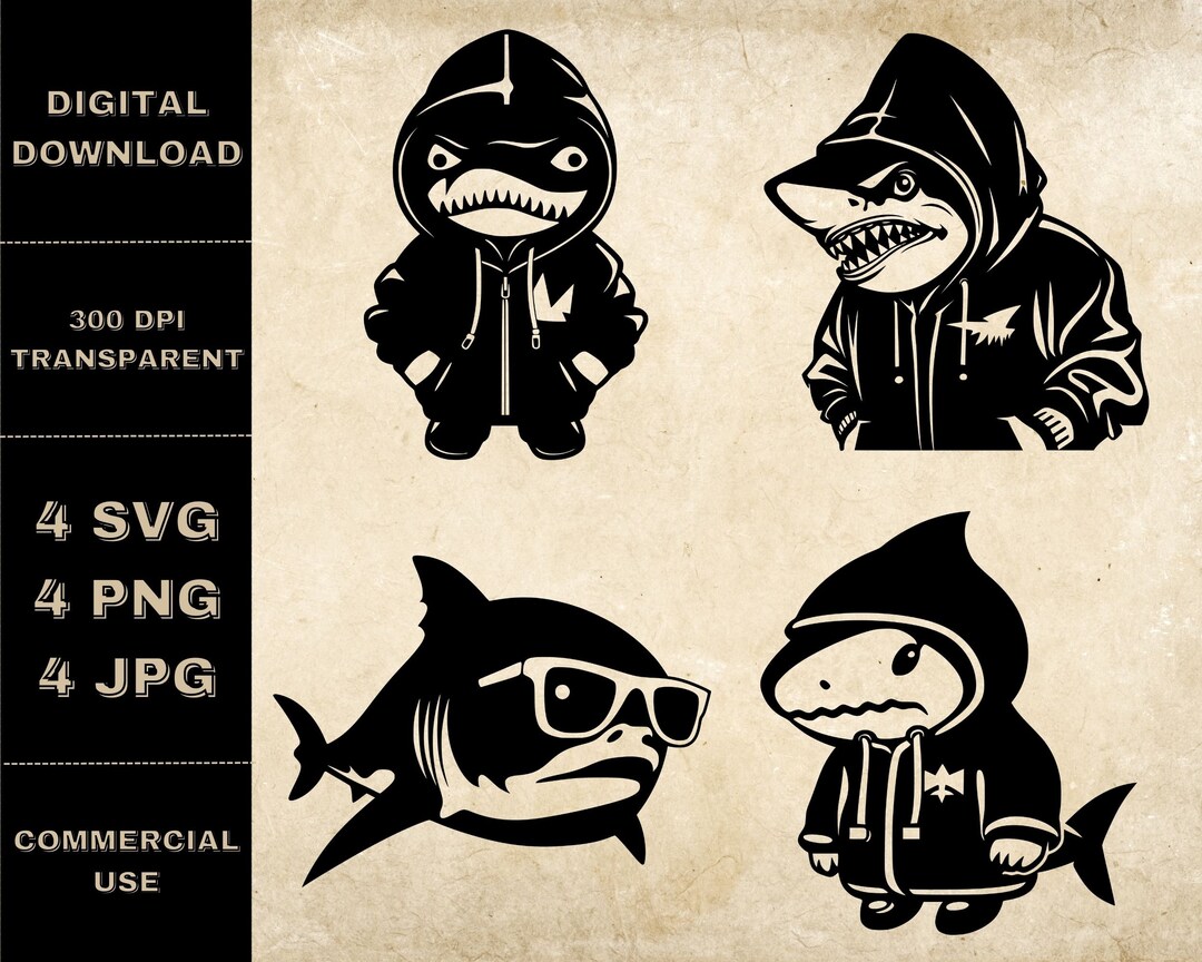 Cool Shark SVG Bundle, PNG, Funny Shark Clipart, Hand Drawn Shark With ...