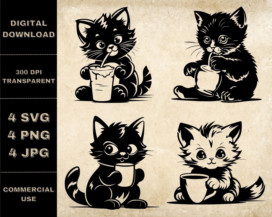 Cute Cat SVG Bundle, PNG, Baby Cat Clipart, Hand Drawn Kitten Vector ...
