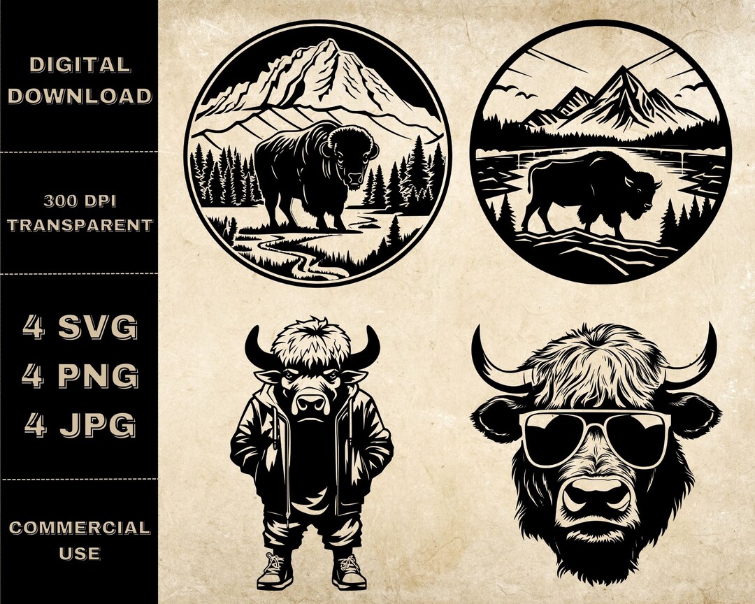 Buffalo SVG Bundle, PNG, Buffalo Clipart, Hand Drawn Buffalo Vector ...