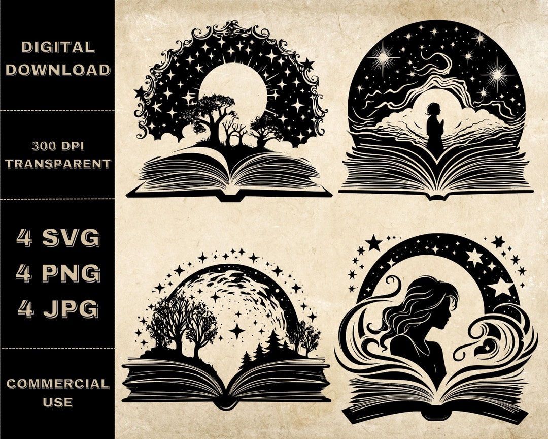 Celestial Book SVG Bundle, PNG, Fantasy Bookworm Clipart, Hand Drawn ...