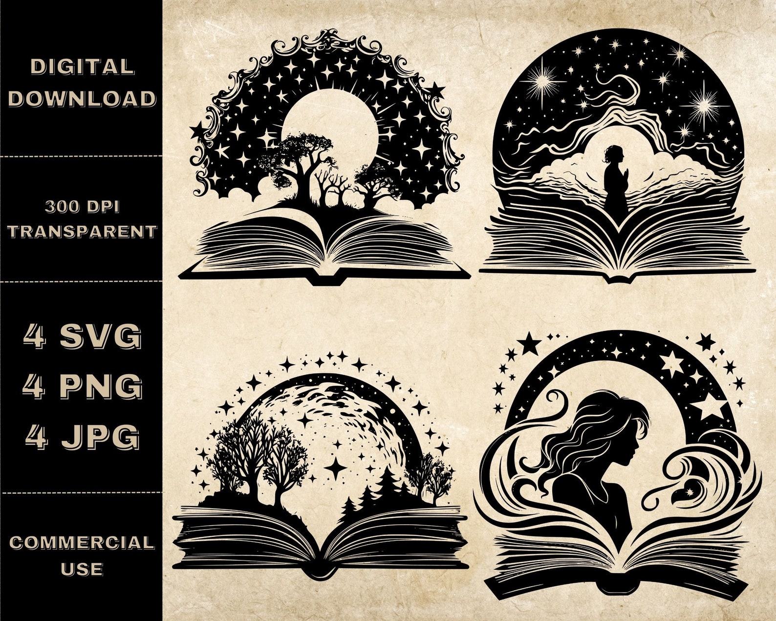 Celestial Book SVG Bundle, PNG, Fantasy Bookworm Clipart, Hand Drawn ...