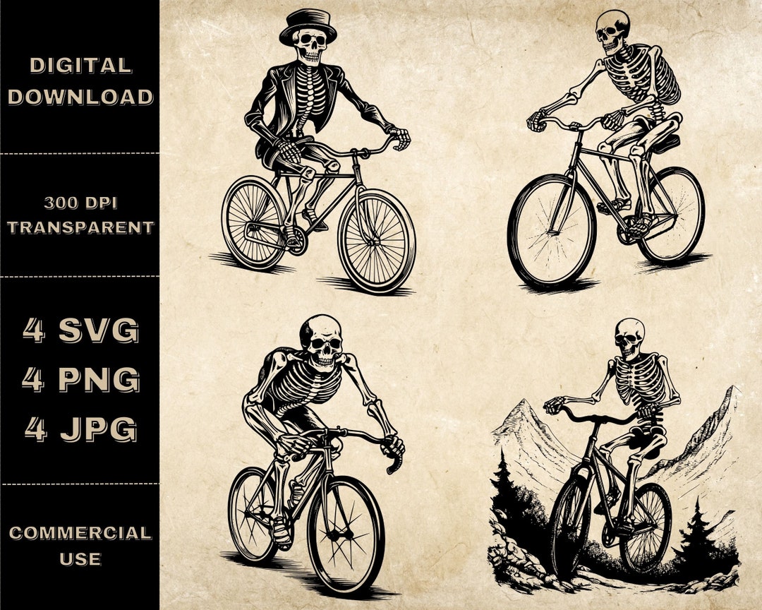 Skeleton Cycling SVG Bundle, PNG, Funny Biking Clipart, Hand Drawn ...