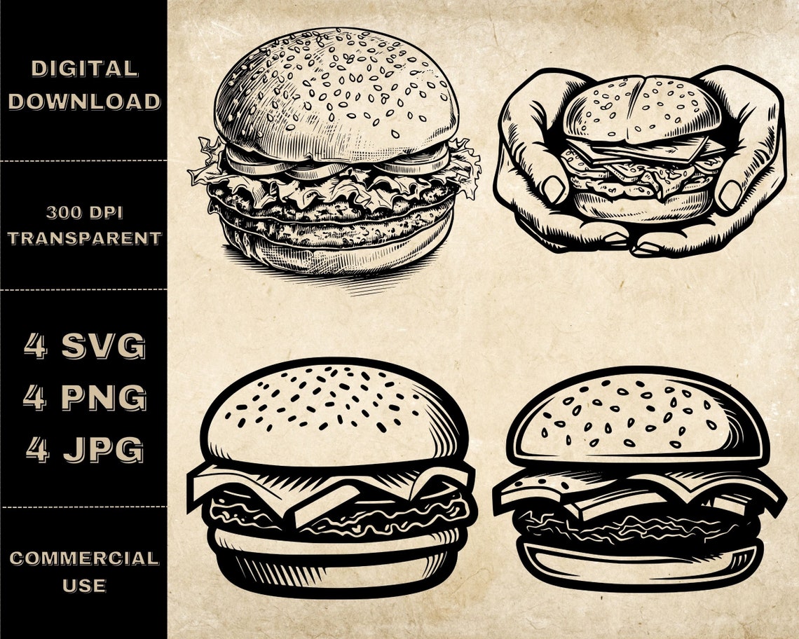 Hamburger SVG Bundle PNG Fast Food Clipart Hand Drawn - Etsy