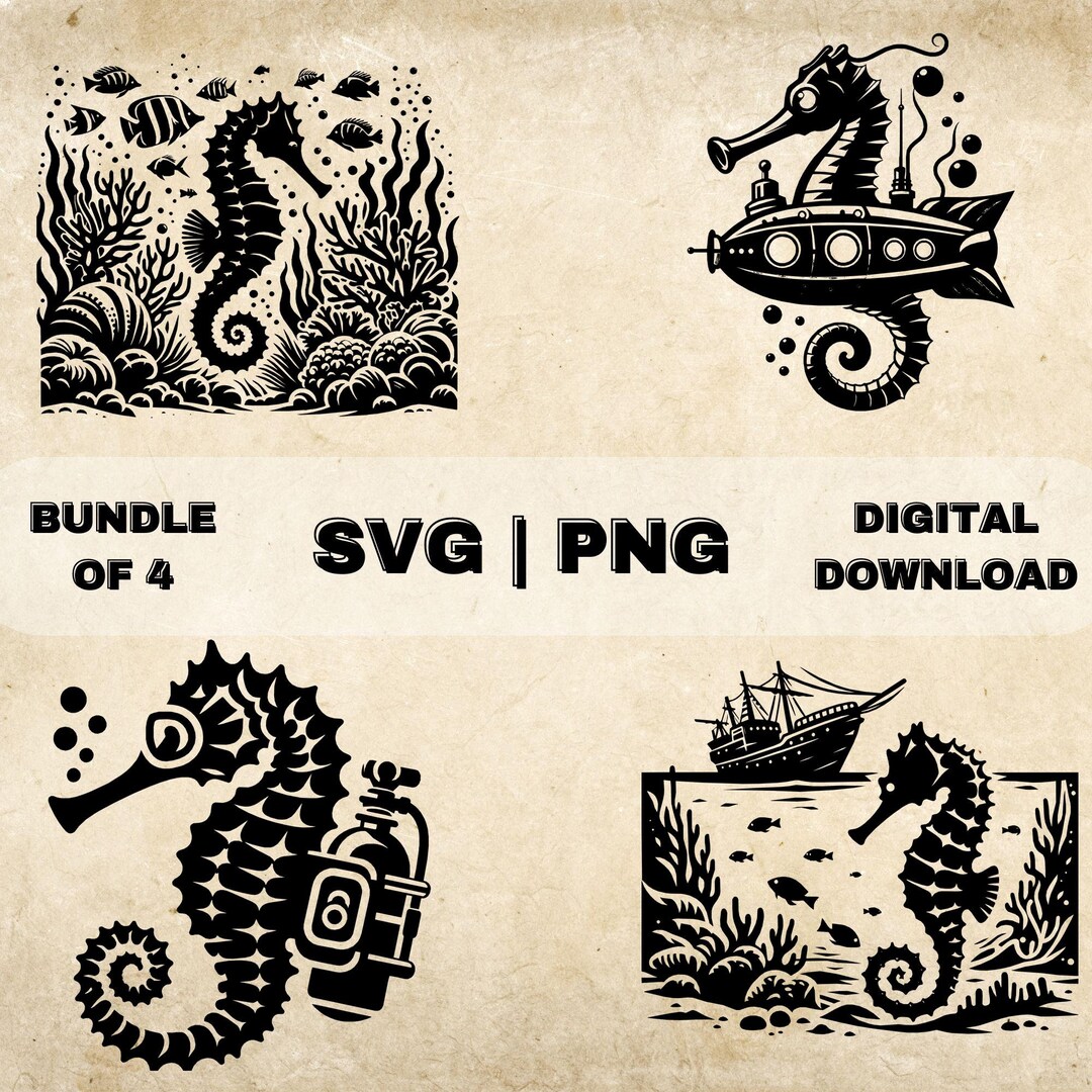 Sea Horse SVG Bundle, Underwater Clipart, Hand Drawn Cute Seahorse ...