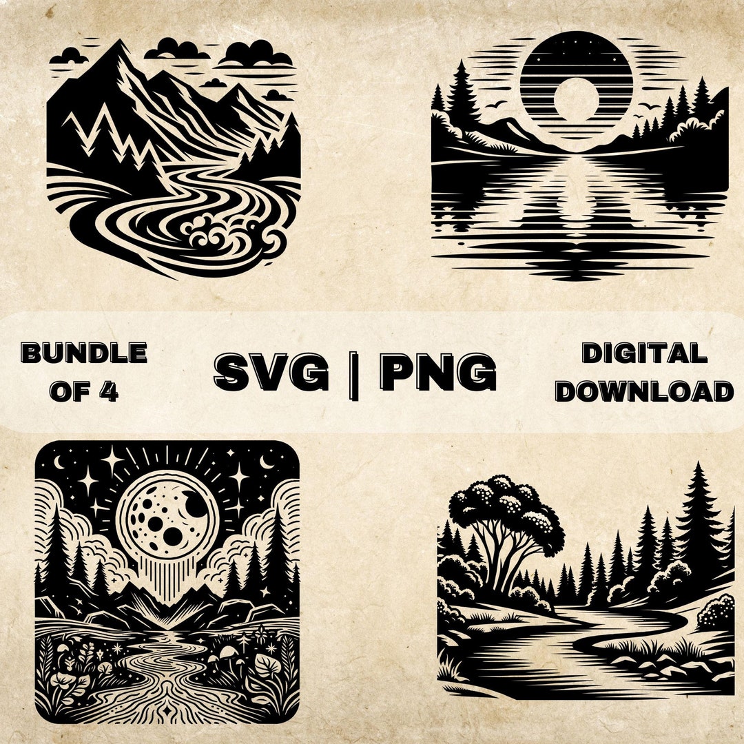 River Scene SVG Bundle, Landscape Clipart, Hand Drawn Nature Theme ...