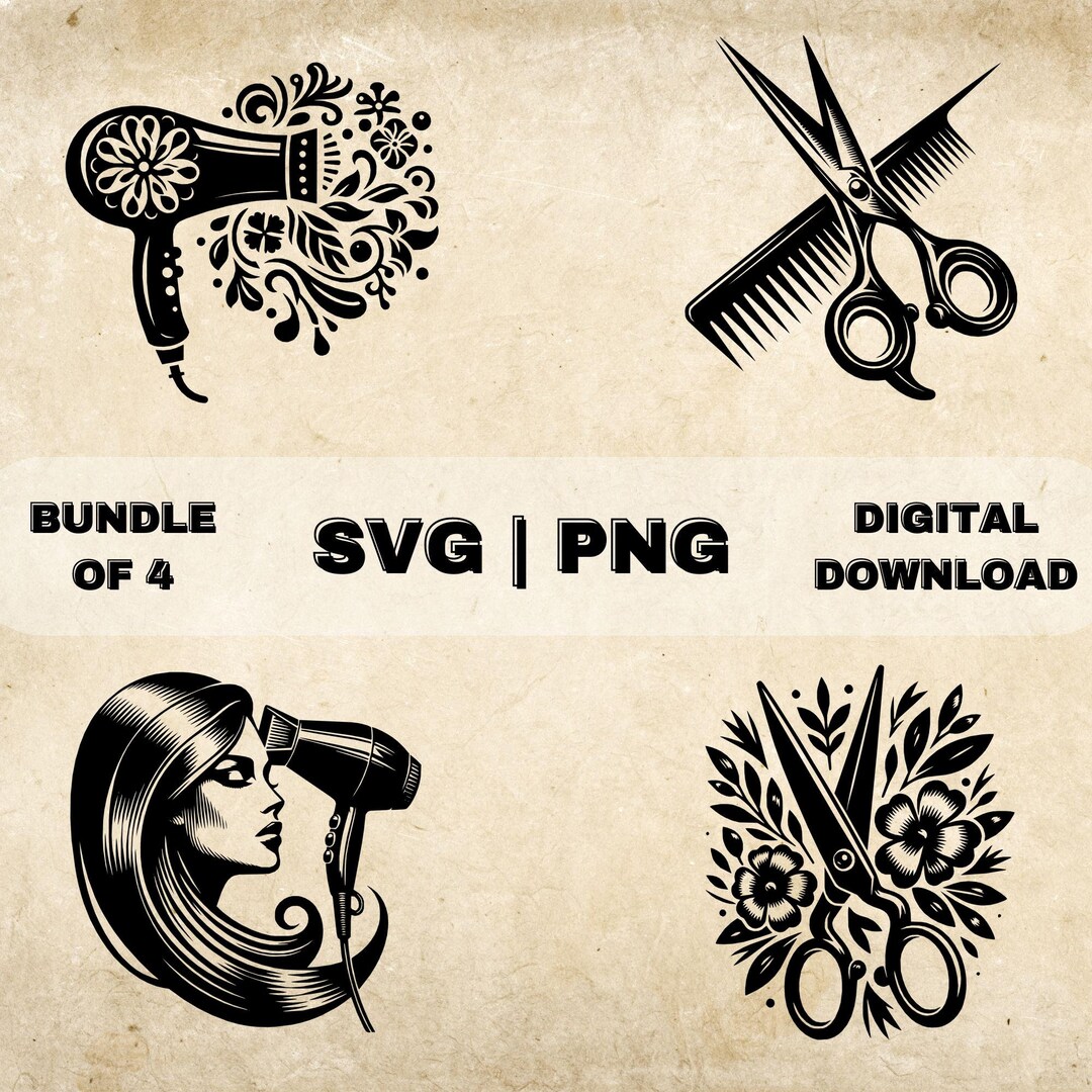 Scissors SVG Bundle, Blow Dryer Clipart, Hand Drawn Hair Dresser Theme ...