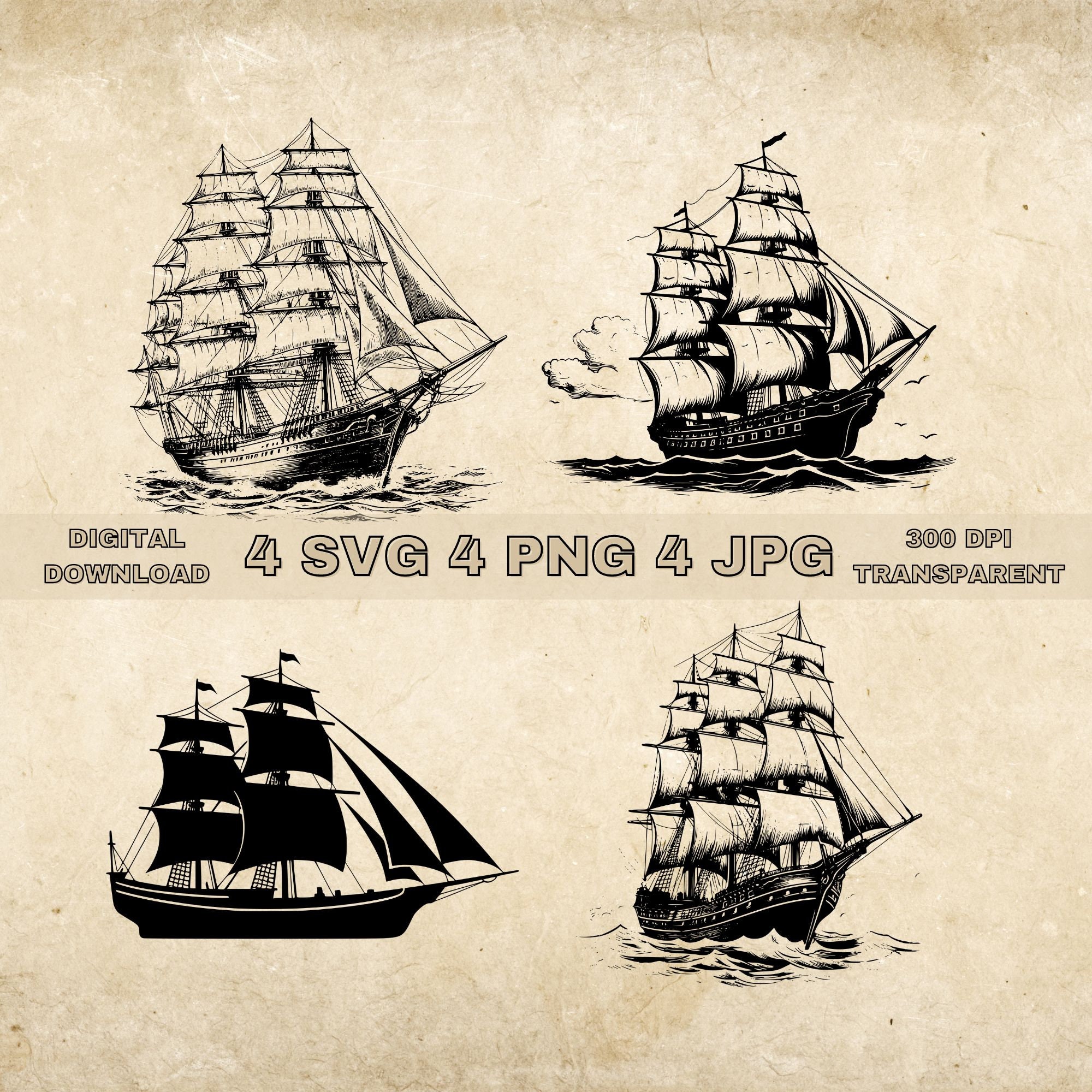 Sailing Ship SVG Bundle, PNG, Pirate Ship Clipart, Hand Drawn Ships ...