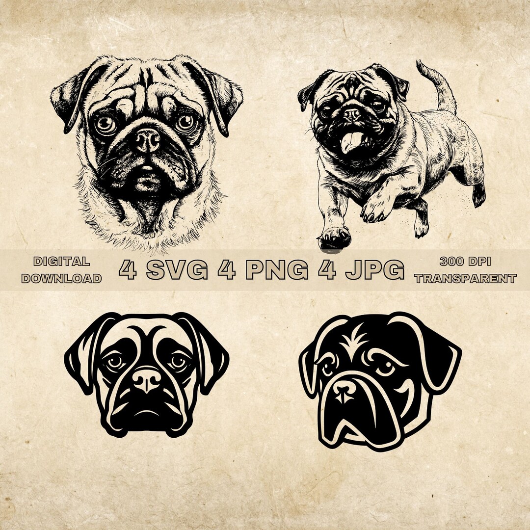 Pug SVG Bundle, PNG, Cute Dogs Clipart, Hand Drawn Dog Vector ...