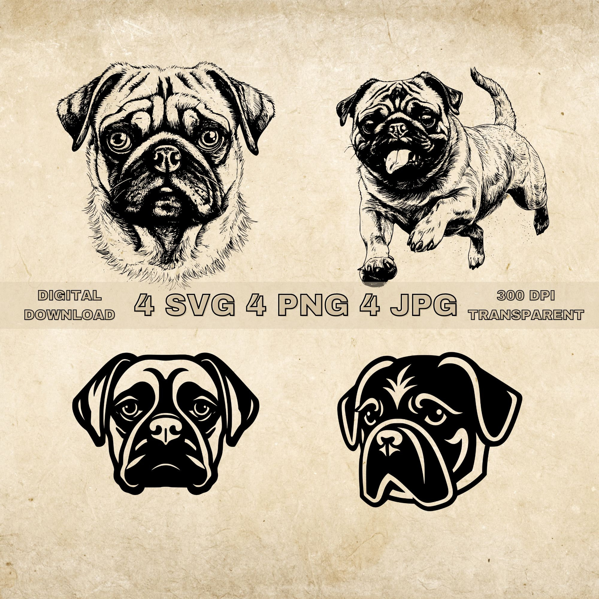 Pug SVG Bundle, PNG, Cute Dogs Clipart, Hand Drawn Dog Vector ...