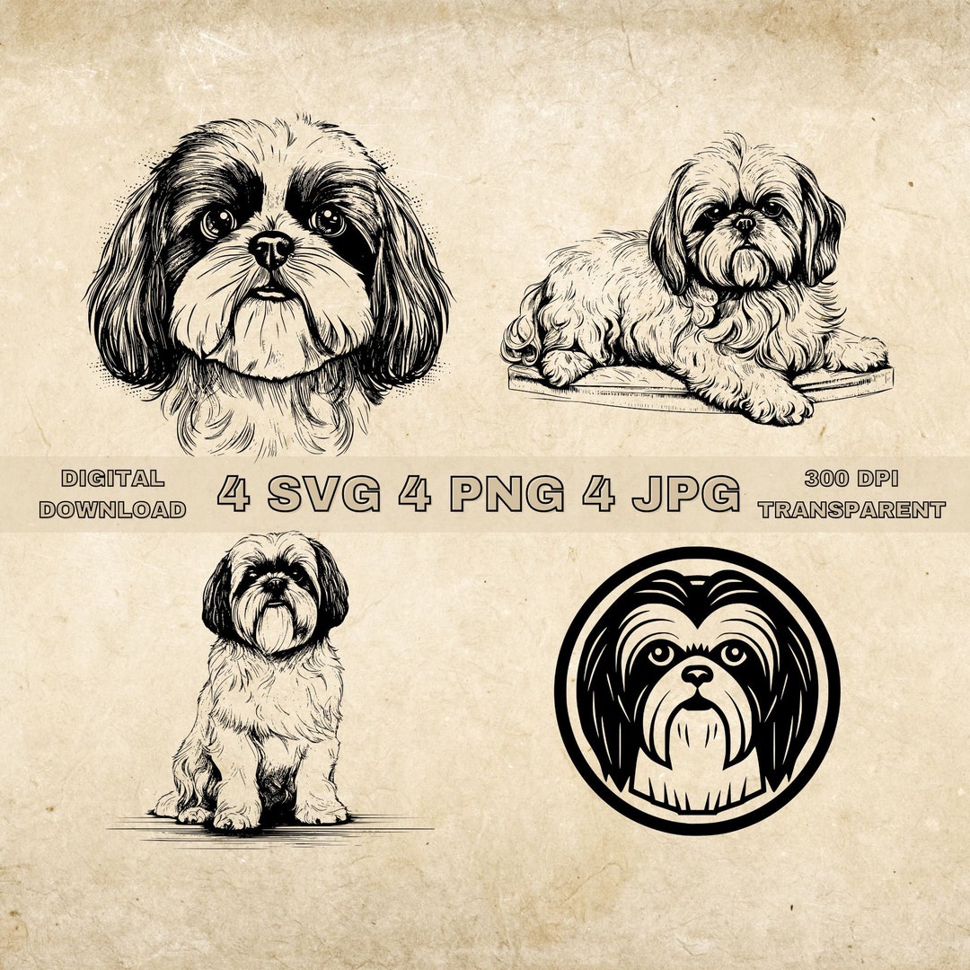 Shih Tzu SVG Bundle, PNG, Cute Dogs Clipart, Hand Drawn Dog Vector ...