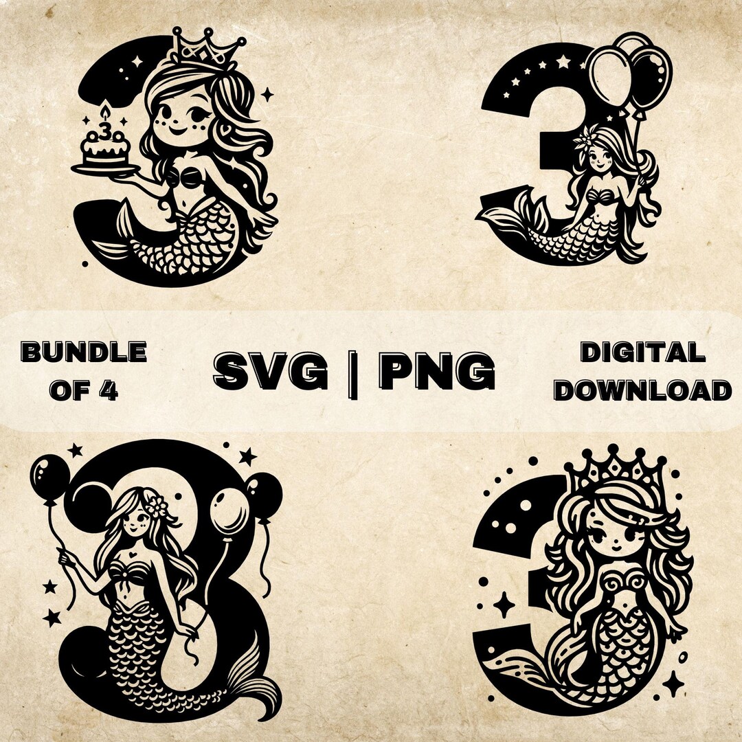 Mermaid 3rd Birthday SVG Bundle, Third Birthday Clipart, Hand Drawn ...
