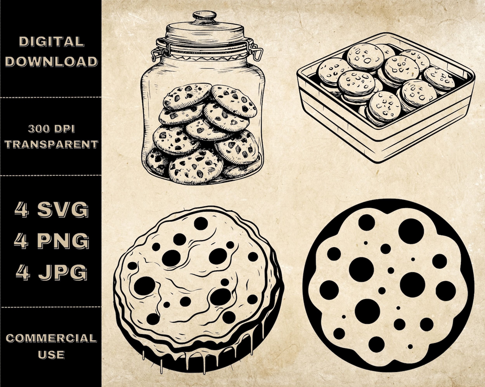 Cookie SVG Bundle, PNG, Chocolate Chip Clipart, Hand Drawn Cookies ...