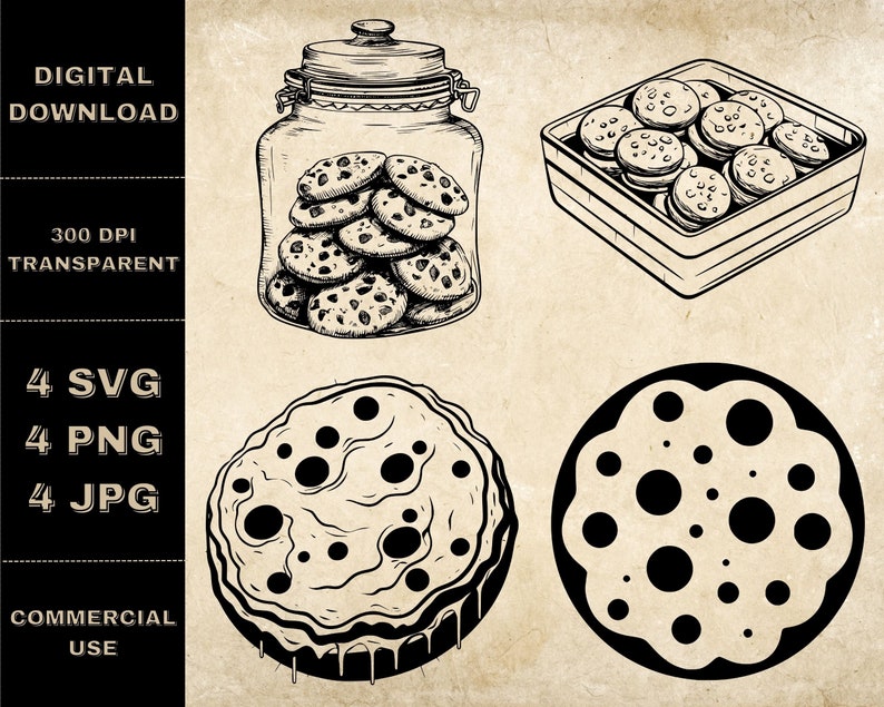Cookie SVG Bundle, PNG, Chocolate Chip Clipart, Hand Drawn Cookies ...