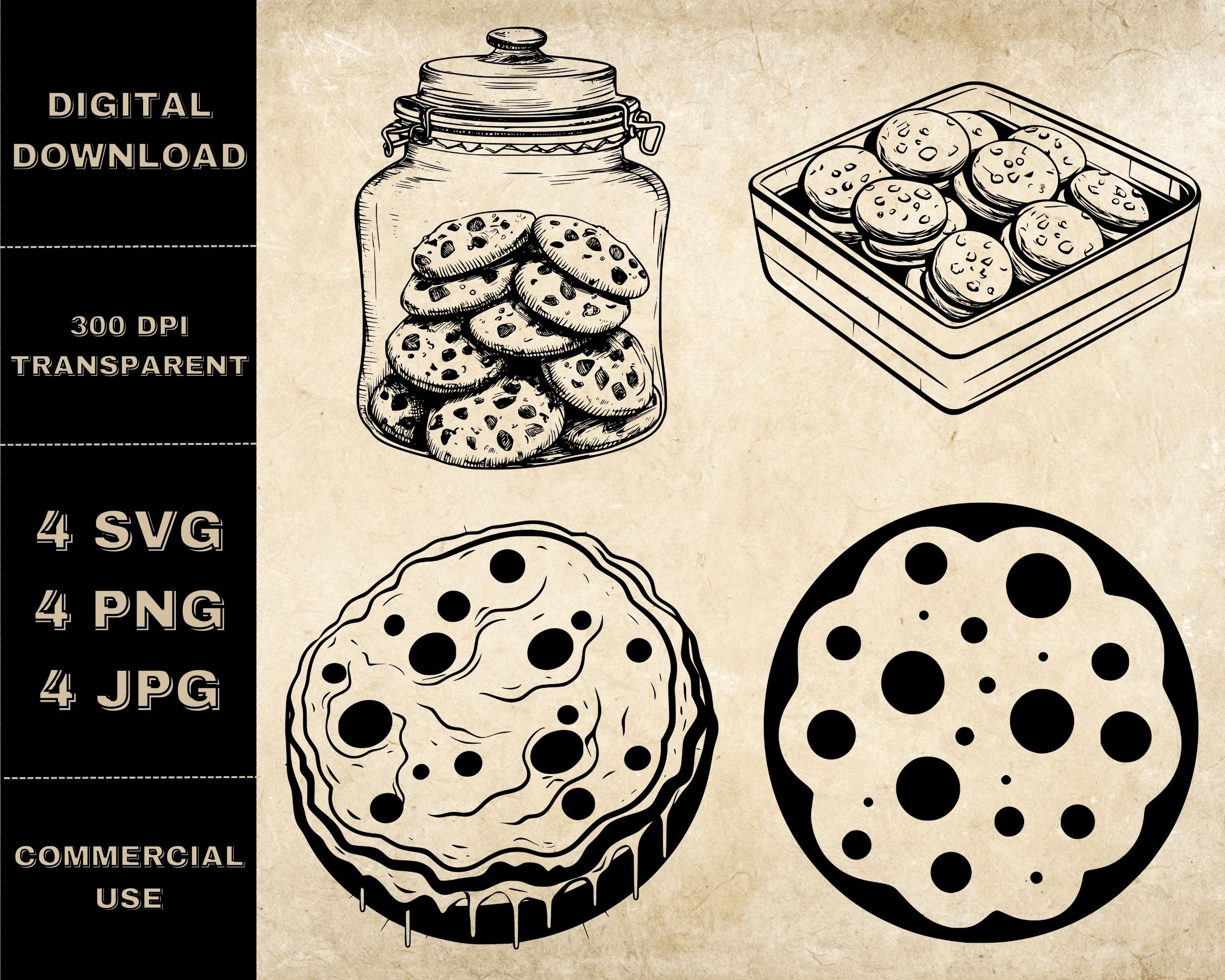 Cookie SVG Bundle, PNG, Chocolate Chip Clipart, Hand Drawn Cookies ...