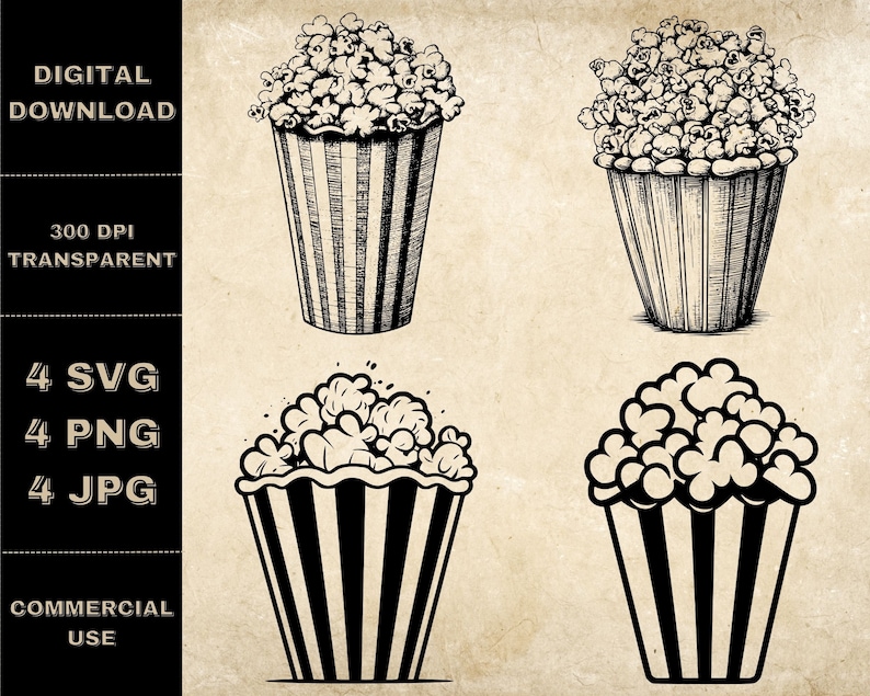 Popcorn SVG Bundle PNG Popcorn Clipart Hand Drawn Popcorn - Etsy