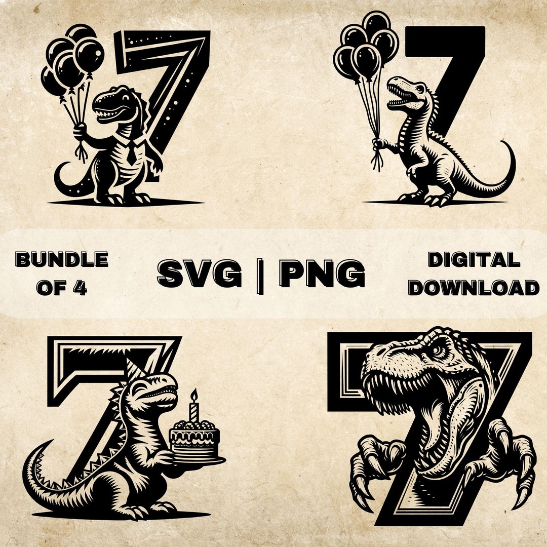 Dinosaur 7th Birthday SVG Bundle, Seventh Bday Clipart, Hand Drawn Dino ...