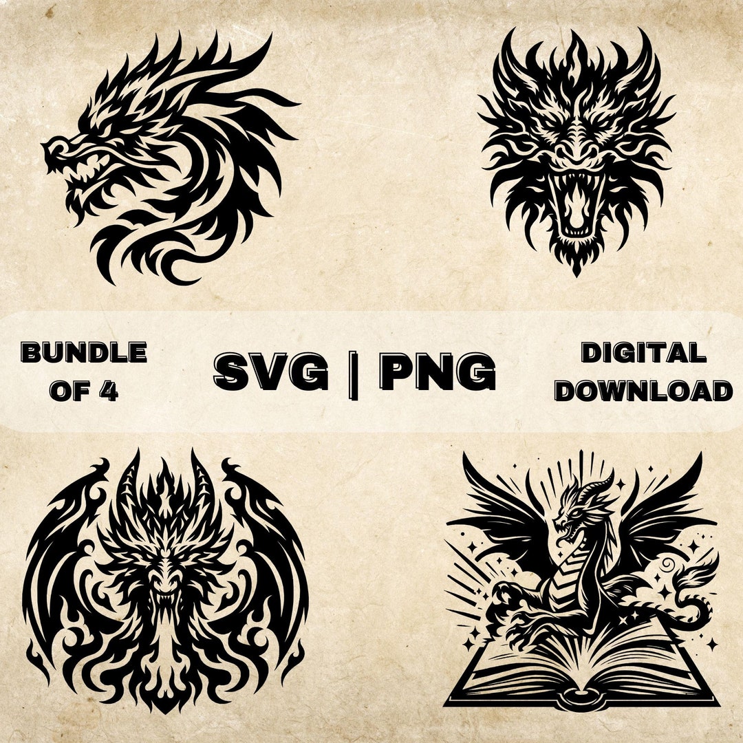 Dragon Head SVG Bundle, Dragon Face Clipart, Hand Drawn Magical Dragon ...
