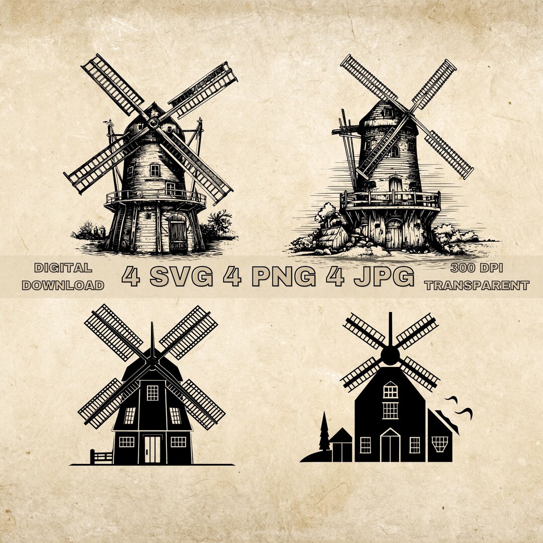 Windmill SVG Bundle, PNG, Farmhouse Clipart, Hand Drawn Windmill Vector ...