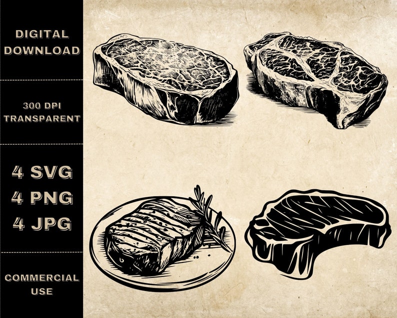 Steak SVG Bundle, PNG, Steak Clipart, Hand Drawn Steak Vector ...