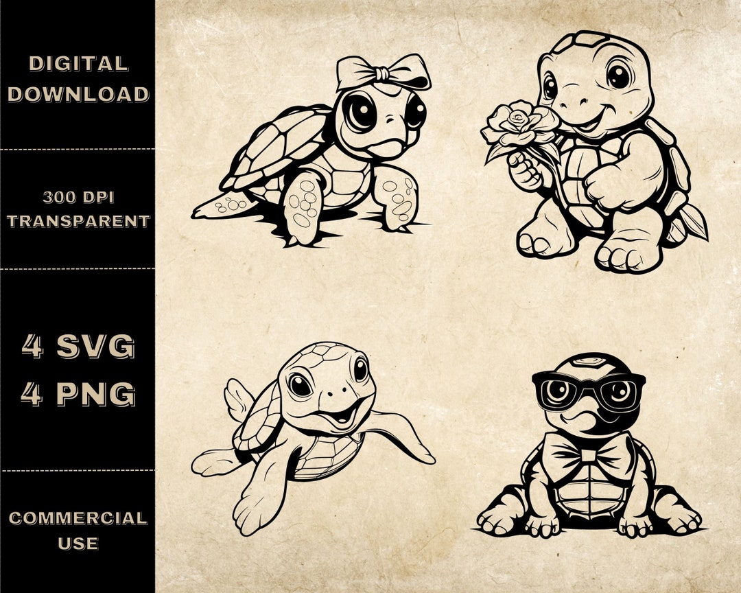 Cute Turtle SVG Bundle, PNG, Baby Sea Turtle Clipart, Hand Drawn Funny ...