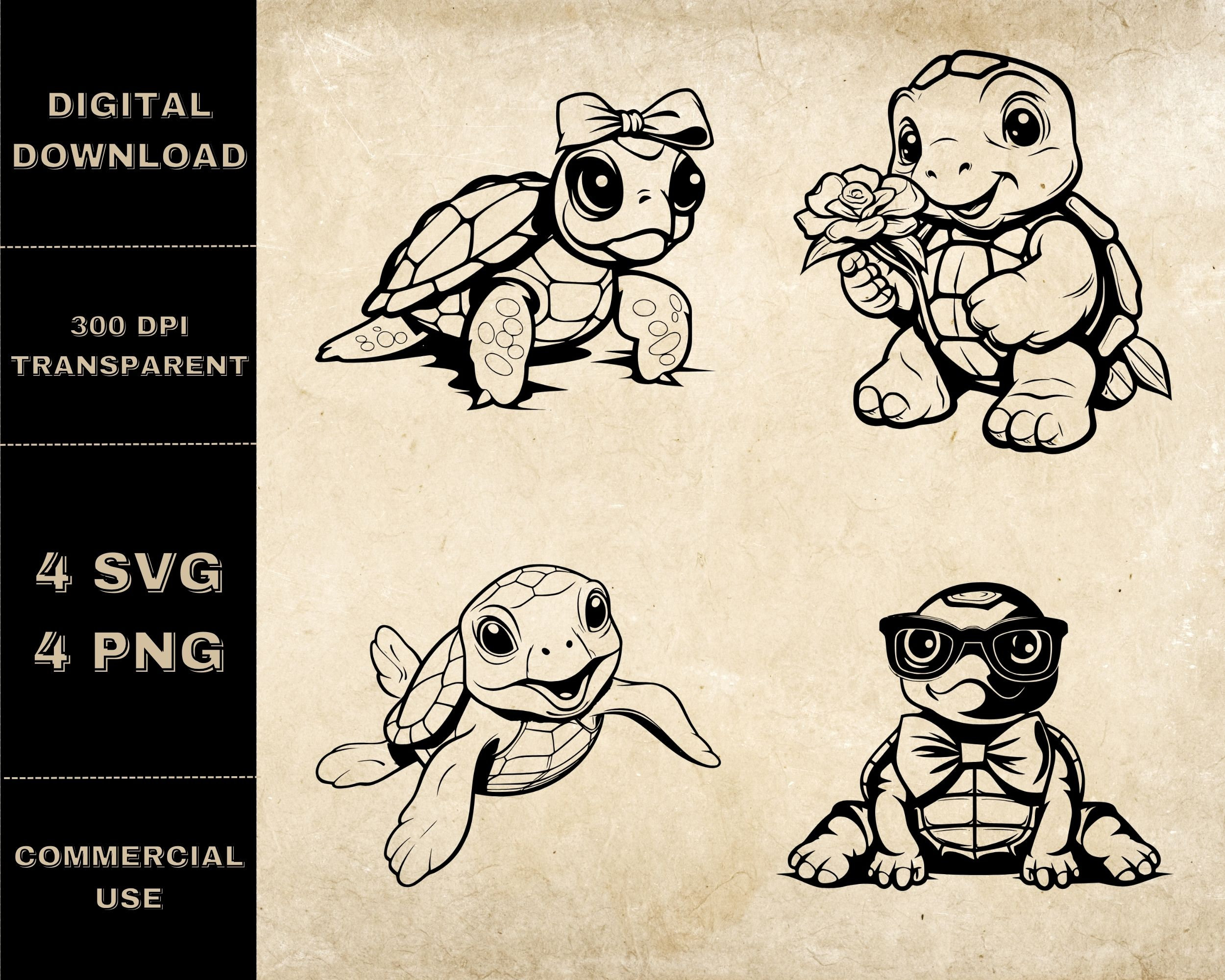 Cute Turtle SVG Bundle, PNG, Baby Sea Turtle Clipart, Hand Drawn Funny ...