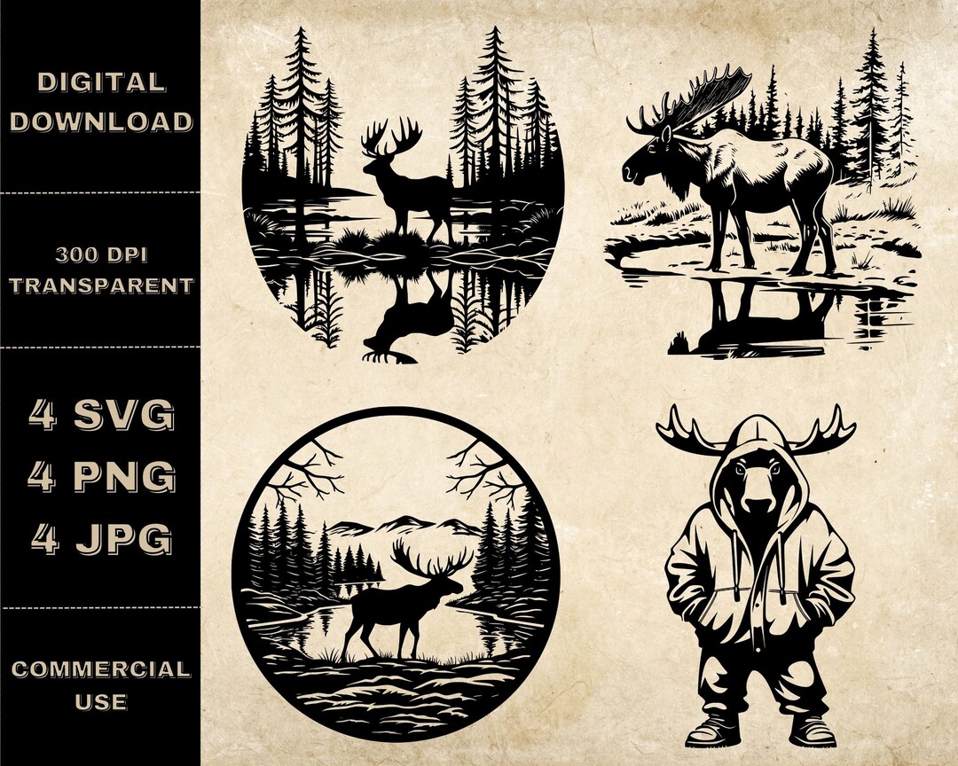 Moose SVG Bundle, PNG, Wild Animal Clipart, Hand Drawn Moose ...