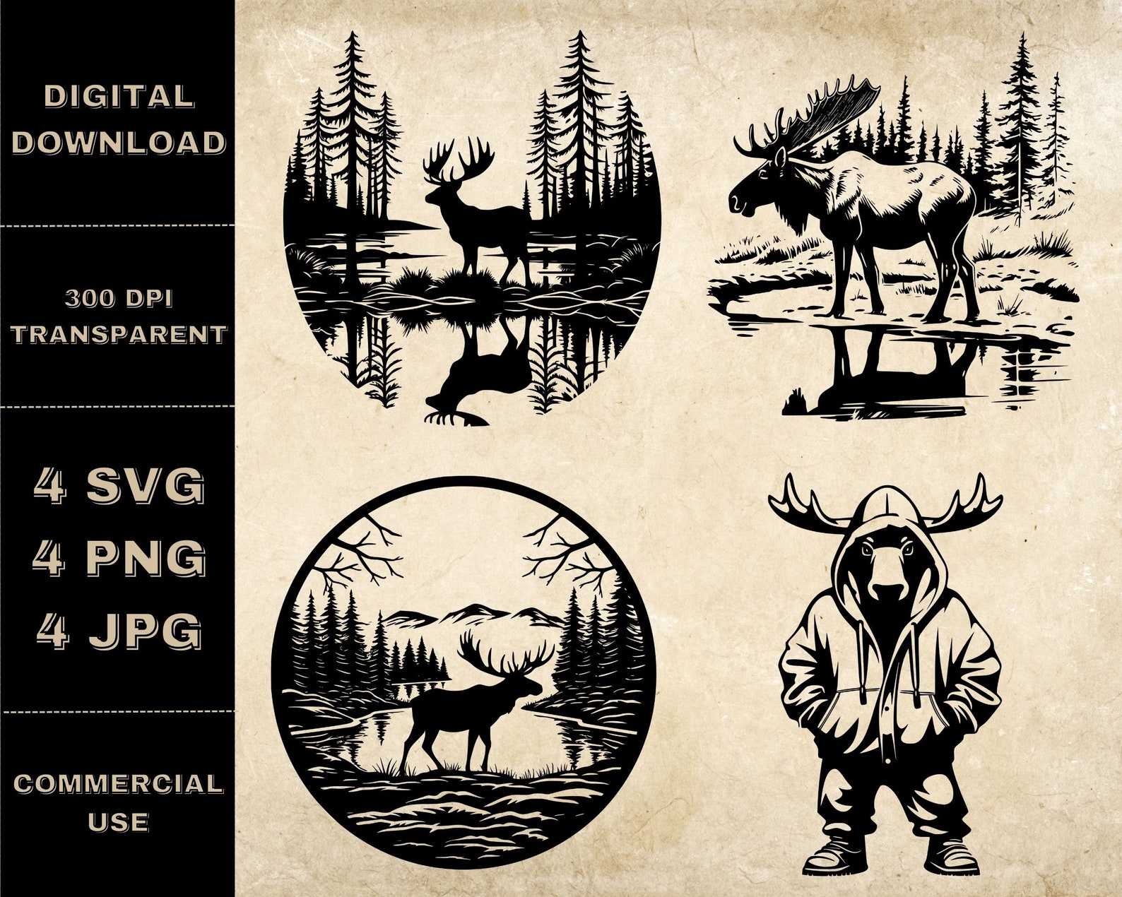 Moose SVG Bundle, PNG, Wild Animal Clipart, Hand Drawn Moose ...