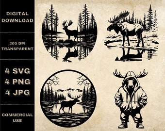 Moose Vector Illustration Bundle, Svg Png Bundle, Digital Download, for ...