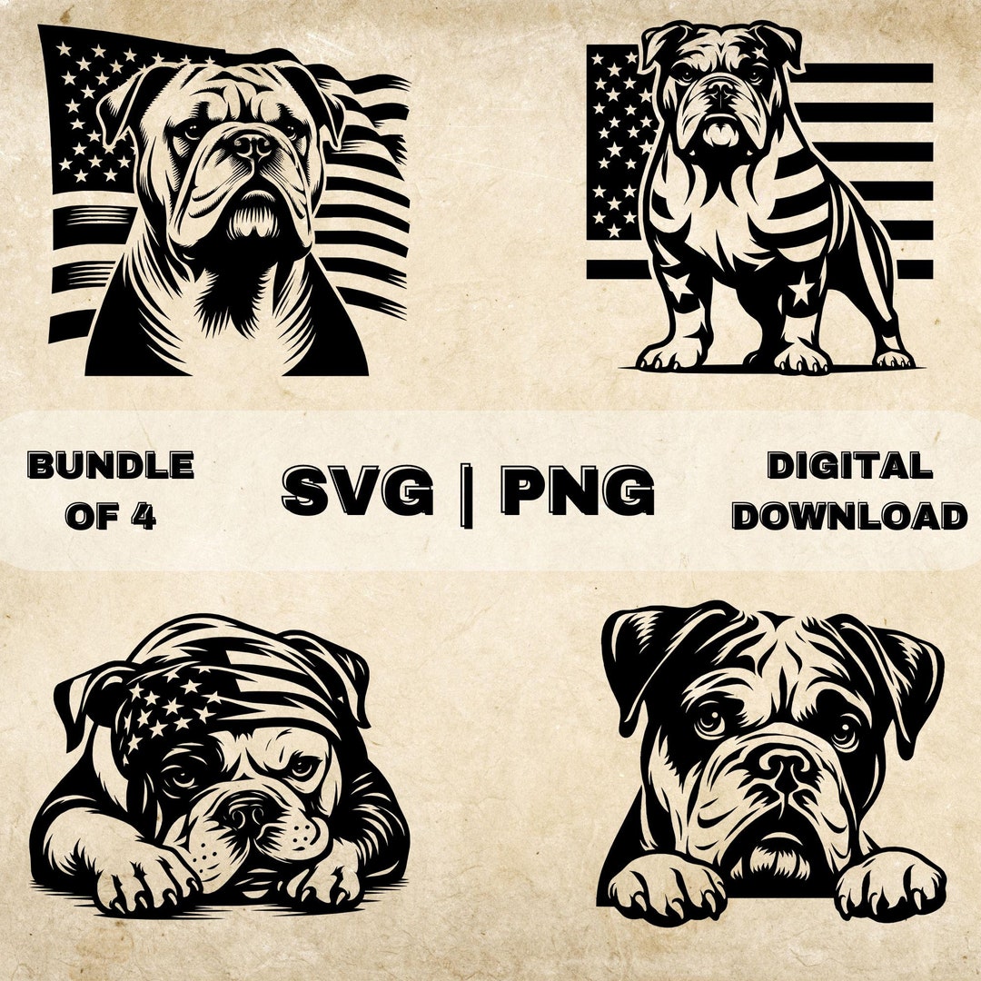 American Bulldog SVG Bundle, American Flag Dog Clipart, Hand Drawn Dog ...