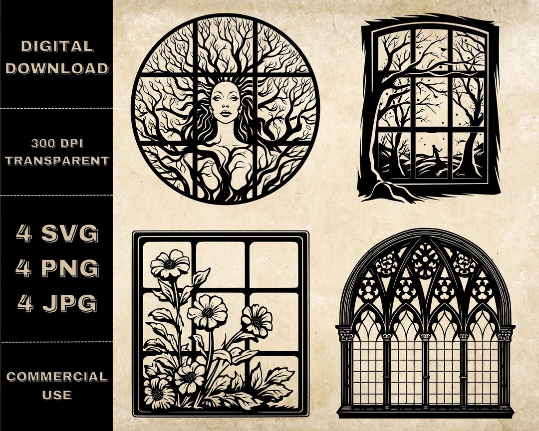 Floral Window SVG Bundle, PNG, Window Frame Clipart, Hand Drawn Gothic ...