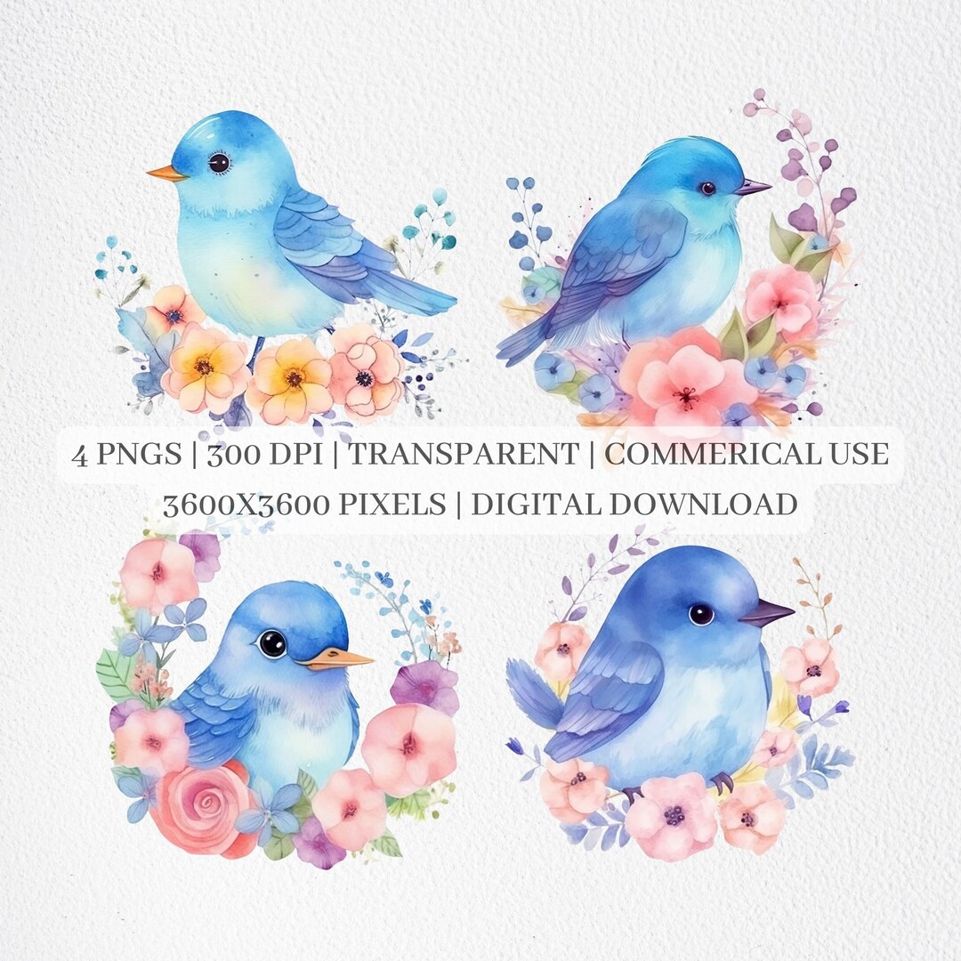 Blue Birds Clipart, Watercolor Blue Bird PNG Files, Cute Birds Clip Art ...