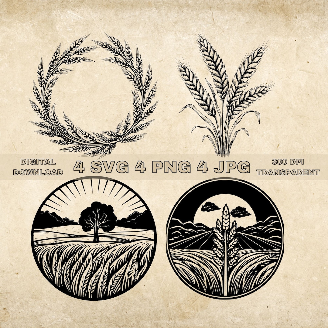 Wheat Scene SVG Bundle, PNG, Wheat Wreath Clipart, Hand Drawn Wheat ...