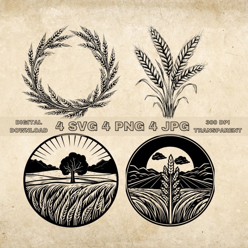 Wheat Scene SVG Bundle, PNG, Wheat Wreath Clipart, Hand Drawn Wheat ...
