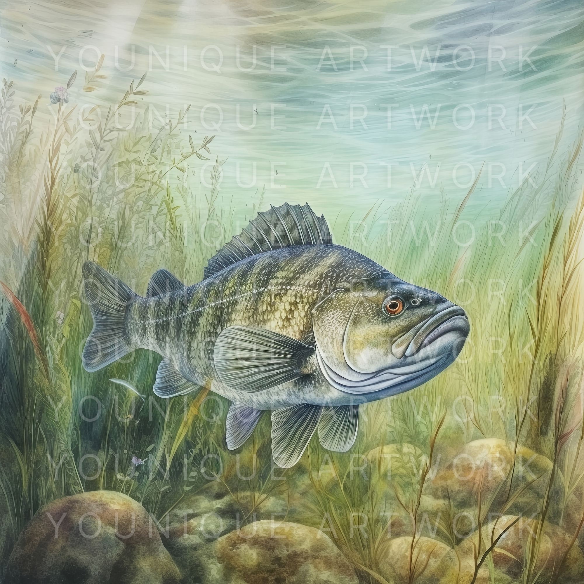 Bass Fish Print Fish Watercolor Printable Art Fishing - Etsy