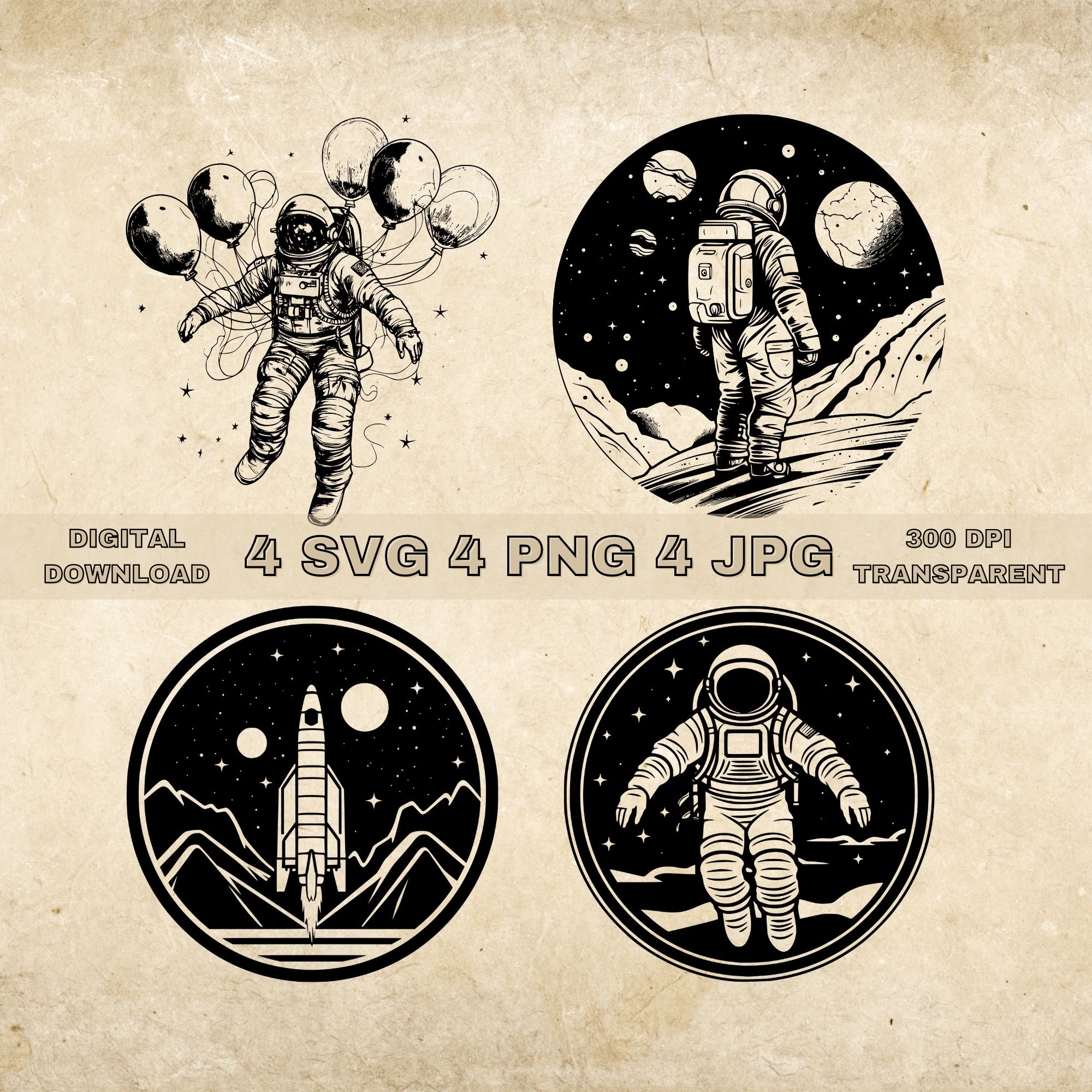 Astronaut SVG Bundle PNG Space Rocket Clipart Hand Drawn - Etsy