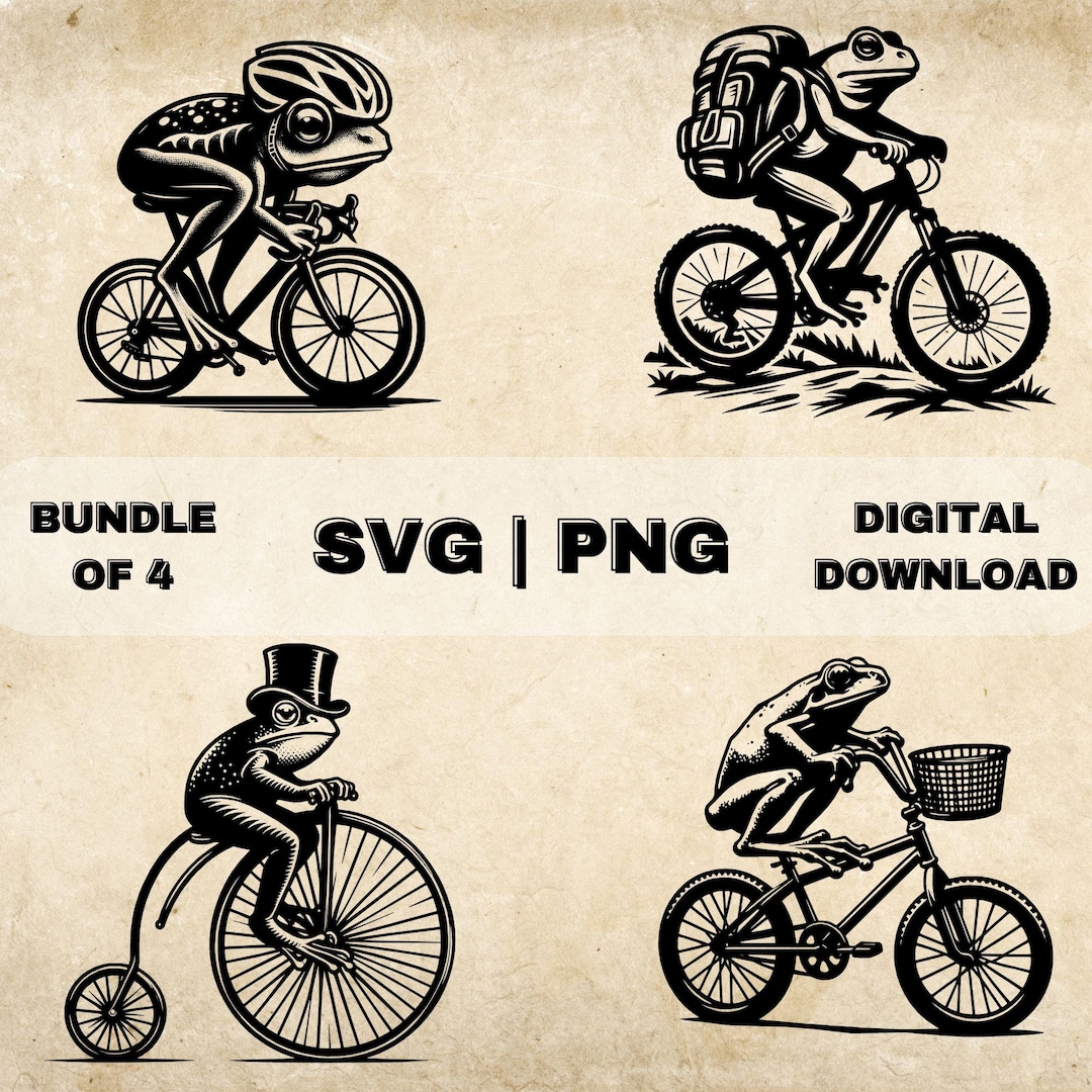 Frog on Bicycle SVG Bundle, PNG, Riding Frog Clipart, Hand Drawn Cute ...