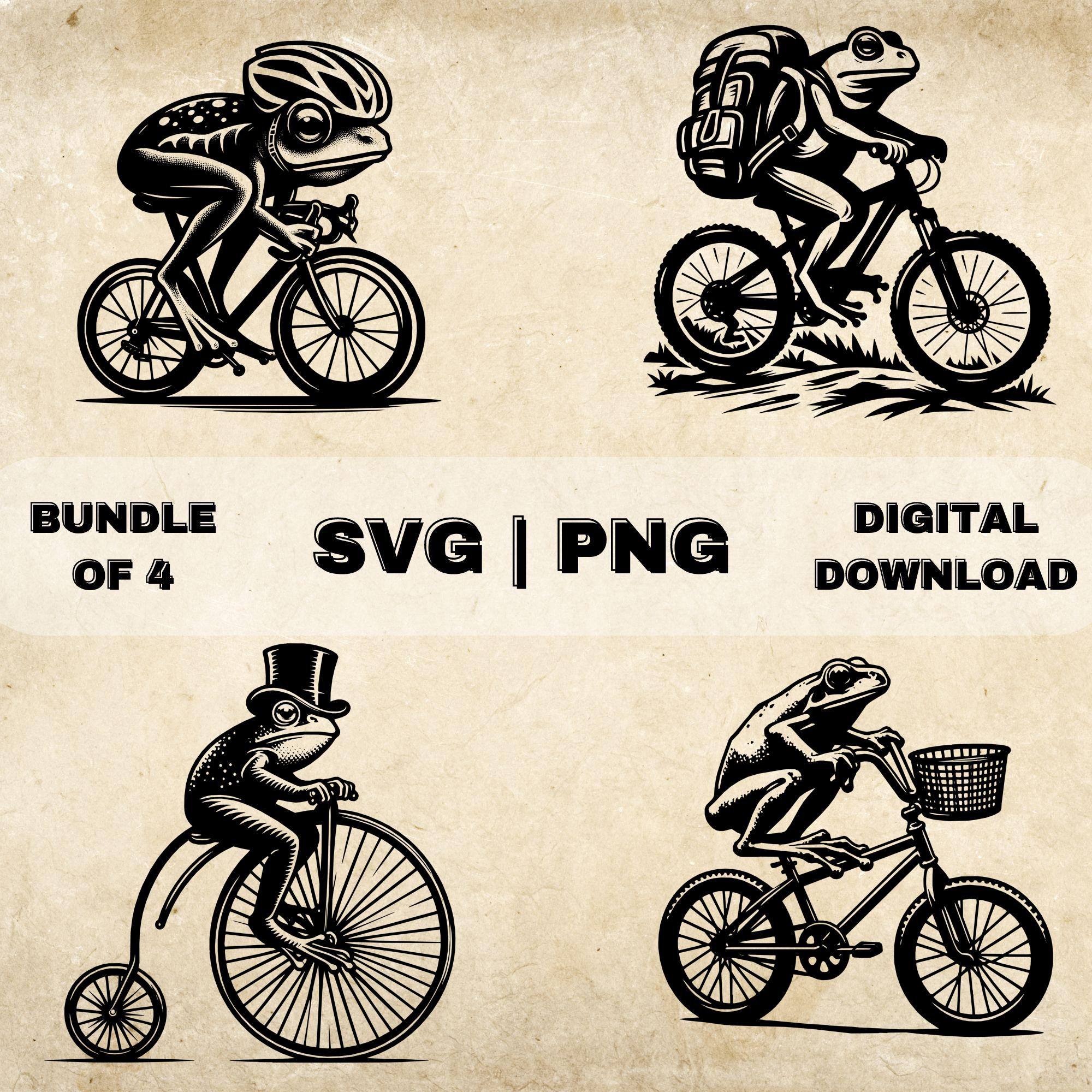Frog on Bicycle SVG Bundle, PNG, Riding Frog Clipart, Hand Drawn Cute ...