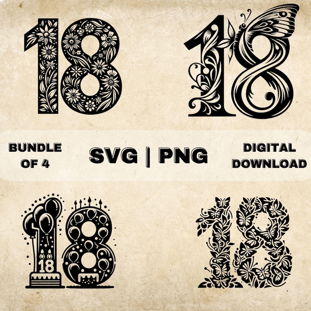 Number 18 SVG Bundle, 18th Birthday Clipart, Hand Drawn Eighteen Themed ...