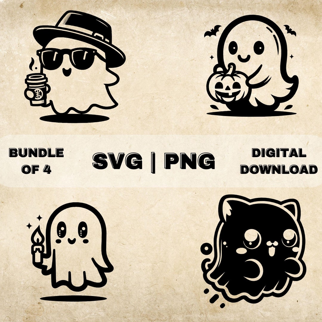 Cute Ghost SVG Bundle, Ghost Clipart, Hand Drawn Halloween Theme Vector ...