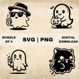 Cute Ghost SVG Bundle, Ghost Clipart, Hand Drawn Halloween Theme Vector ...