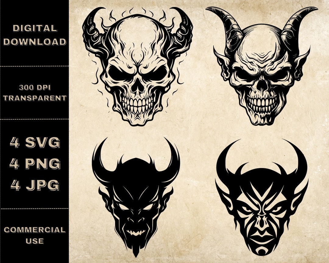 Demon SVG Bundle, PNG, Devil Skull Clipart, Hand Drawn Skulls With ...