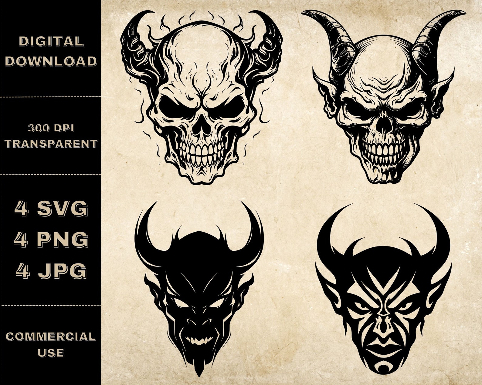 Demon SVG Bundle, PNG, Devil Skull Clipart, Hand Drawn Skulls With ...