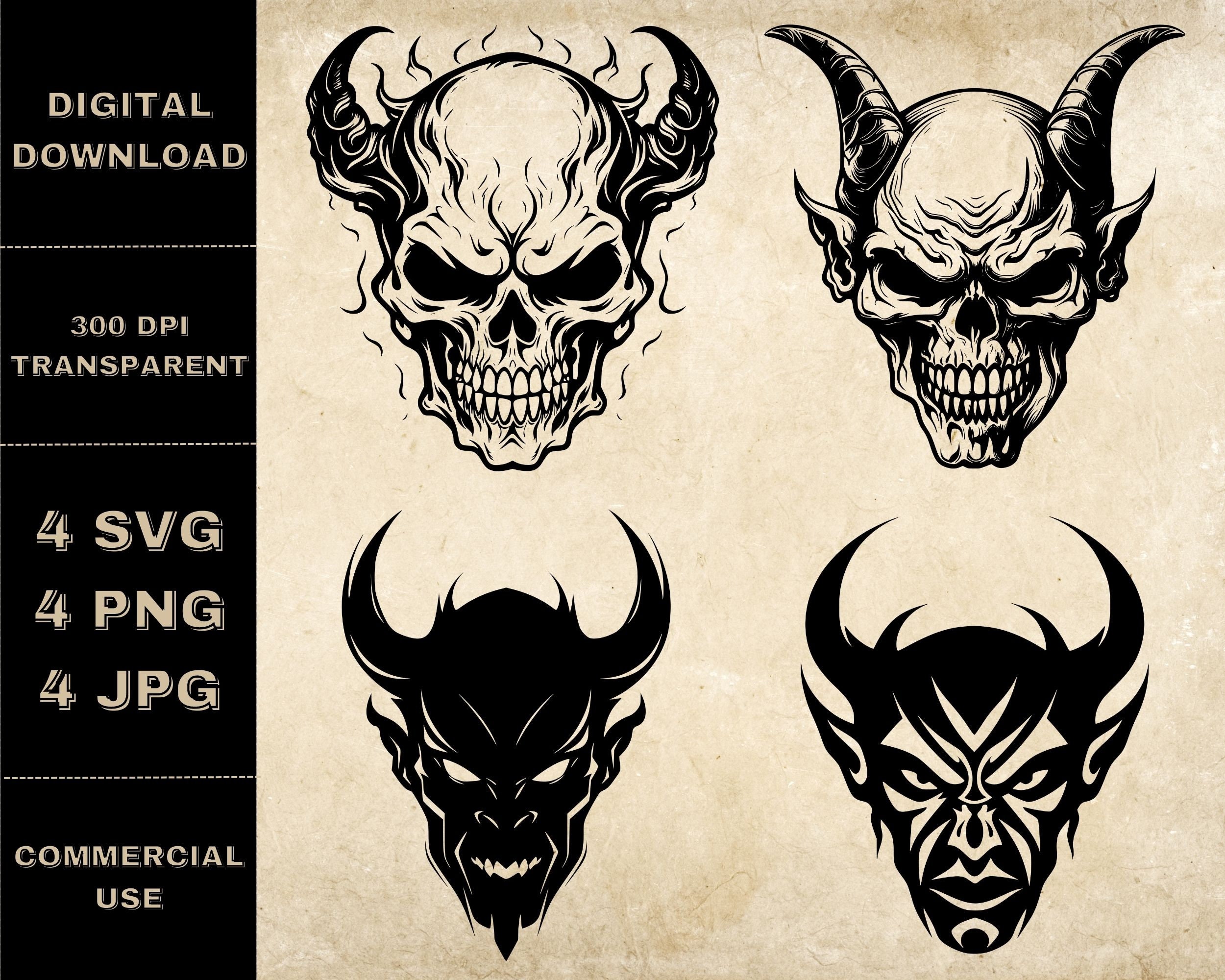 Demon SVG Bundle, PNG, Devil Skull Clipart, Hand Drawn Skulls With ...
