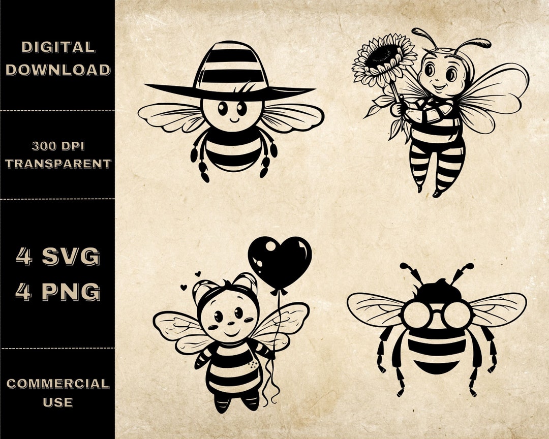 Bee SVG Bundle, PNG, Cute Bee Clipart, Hand Drawn Baby Shower Bee Theme ...
