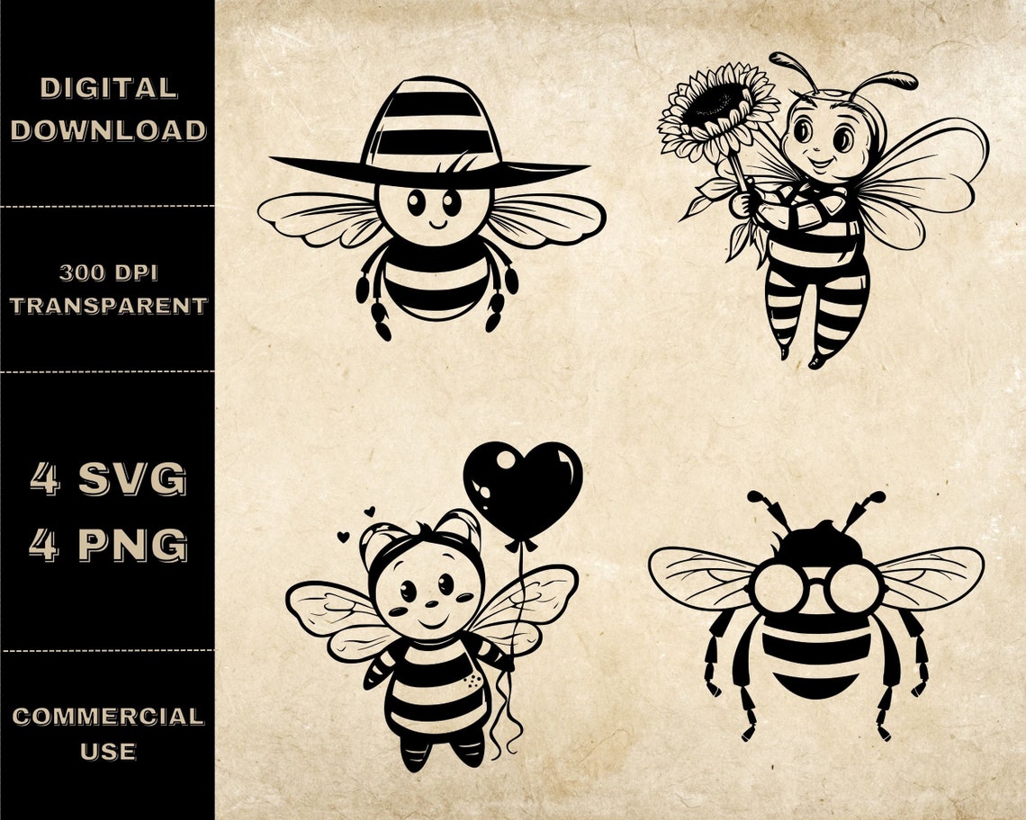 Bee SVG Bundle PNG Cute Bee Clipart Hand Drawn Baby Shower - Etsy