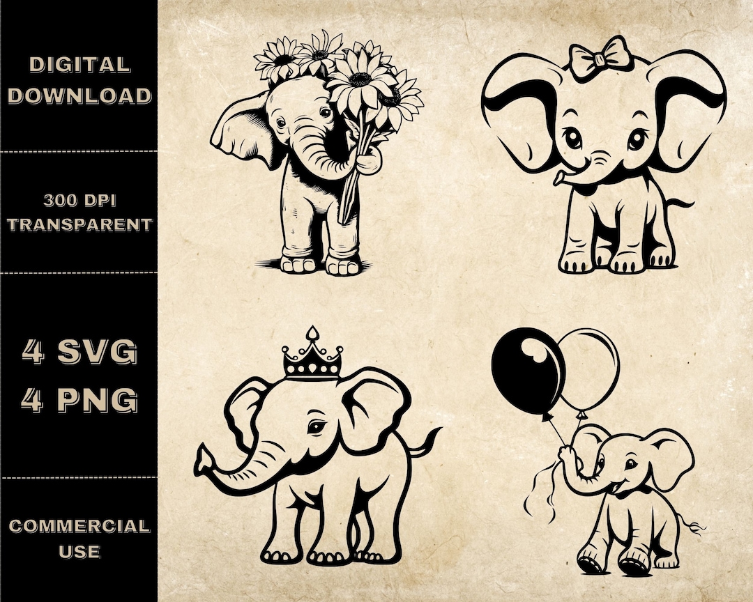 Cute Elephant SVG Bundle, PNG, Baby Elephant Clipart, Hand Drawn ...