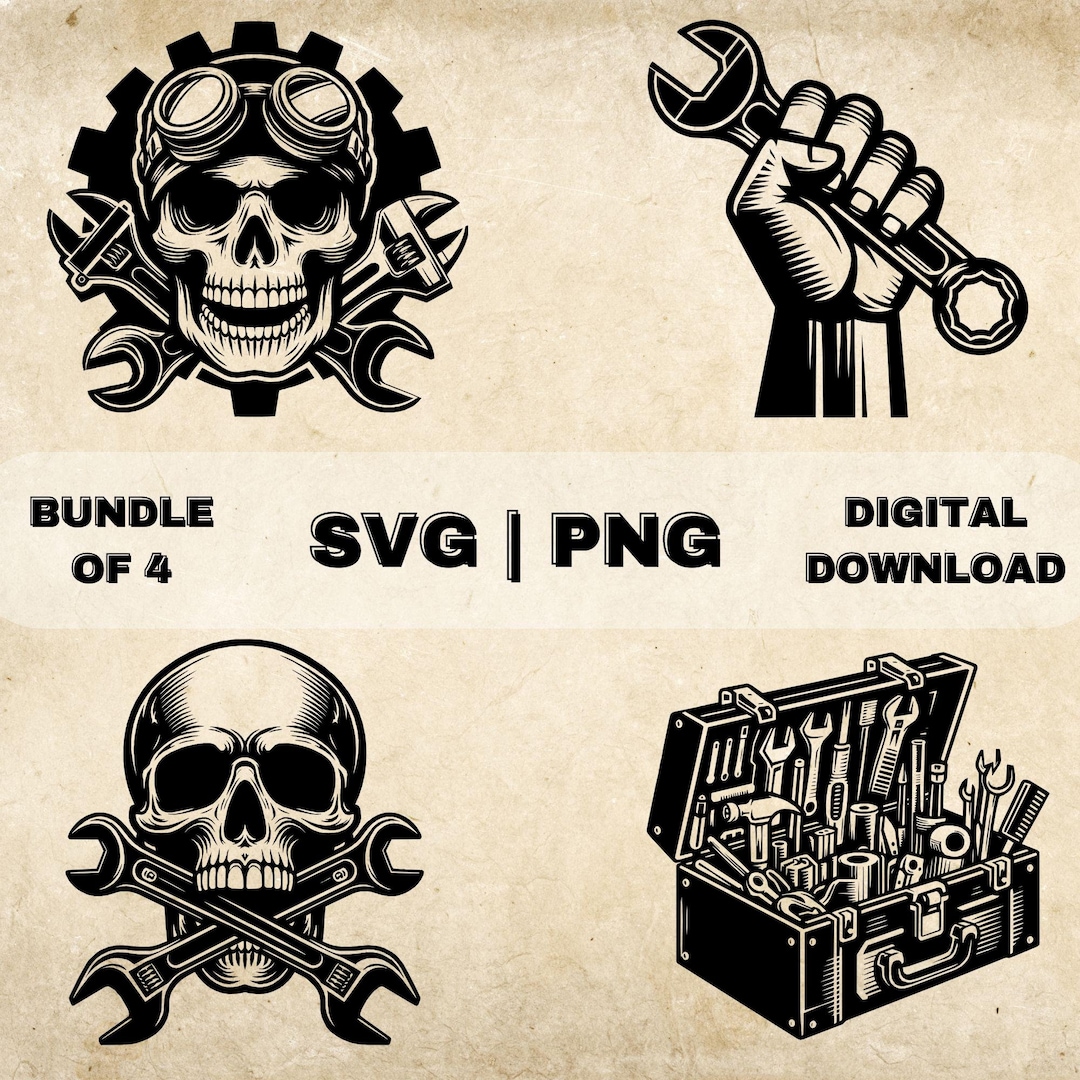 Skull Mechanic SVG Bundle, Mechanic Tools Clipart, Hand Drawn Toolbox ...