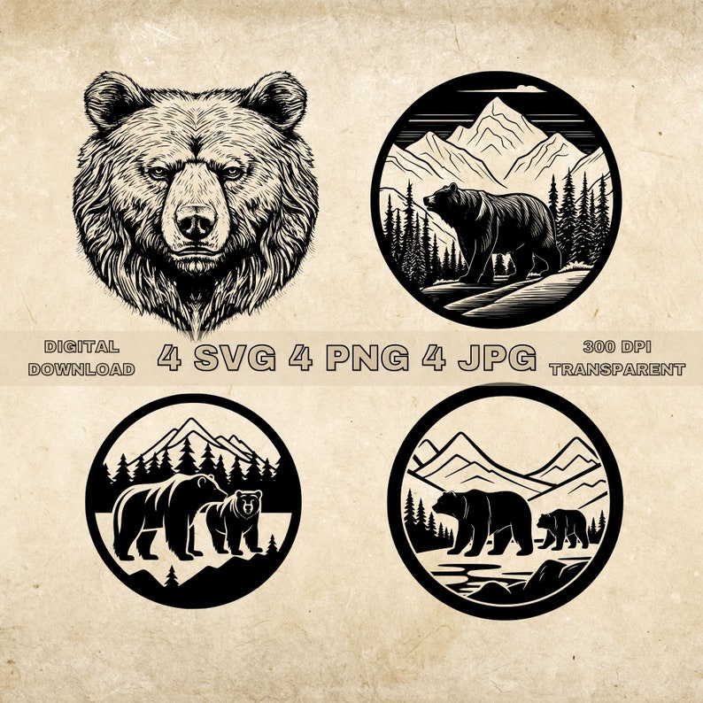Bear SVG Bundle, PNG, Bear Mountain Scene Clipart, Hand Drawn Bear ...